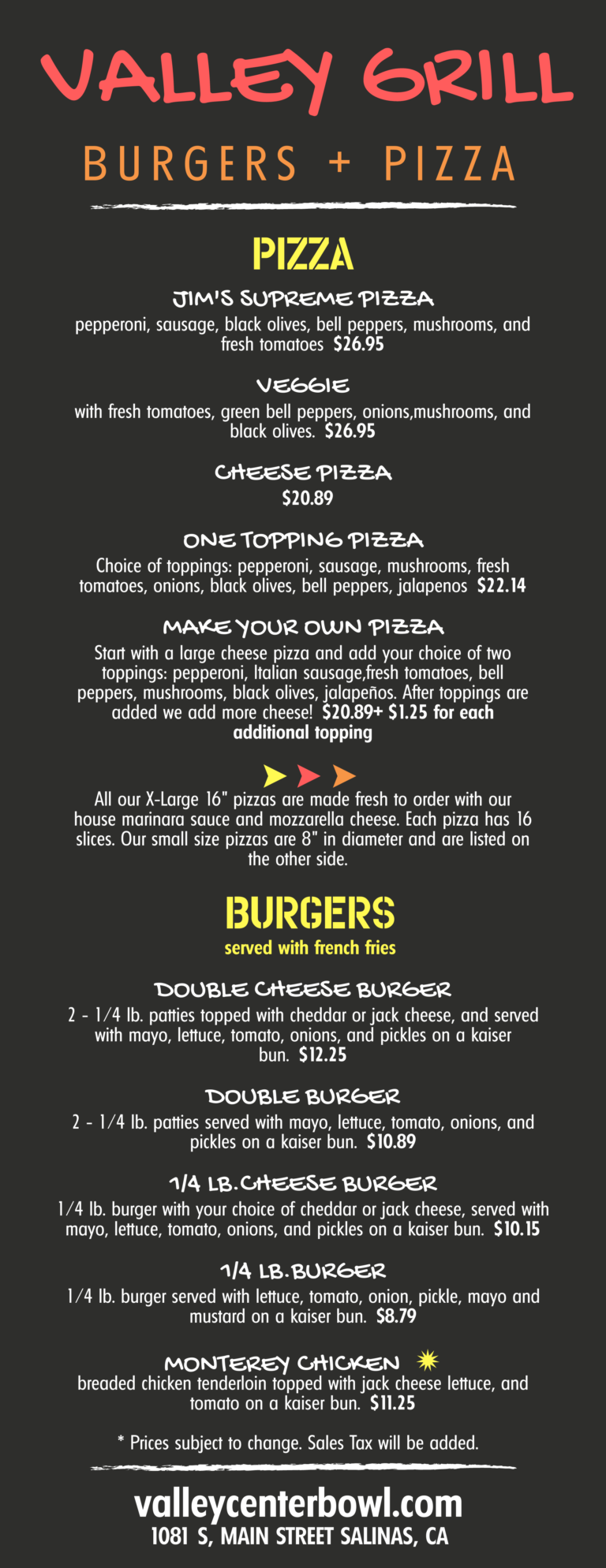 Valley Center Grill Menu - Bowling Alley Salinas, California