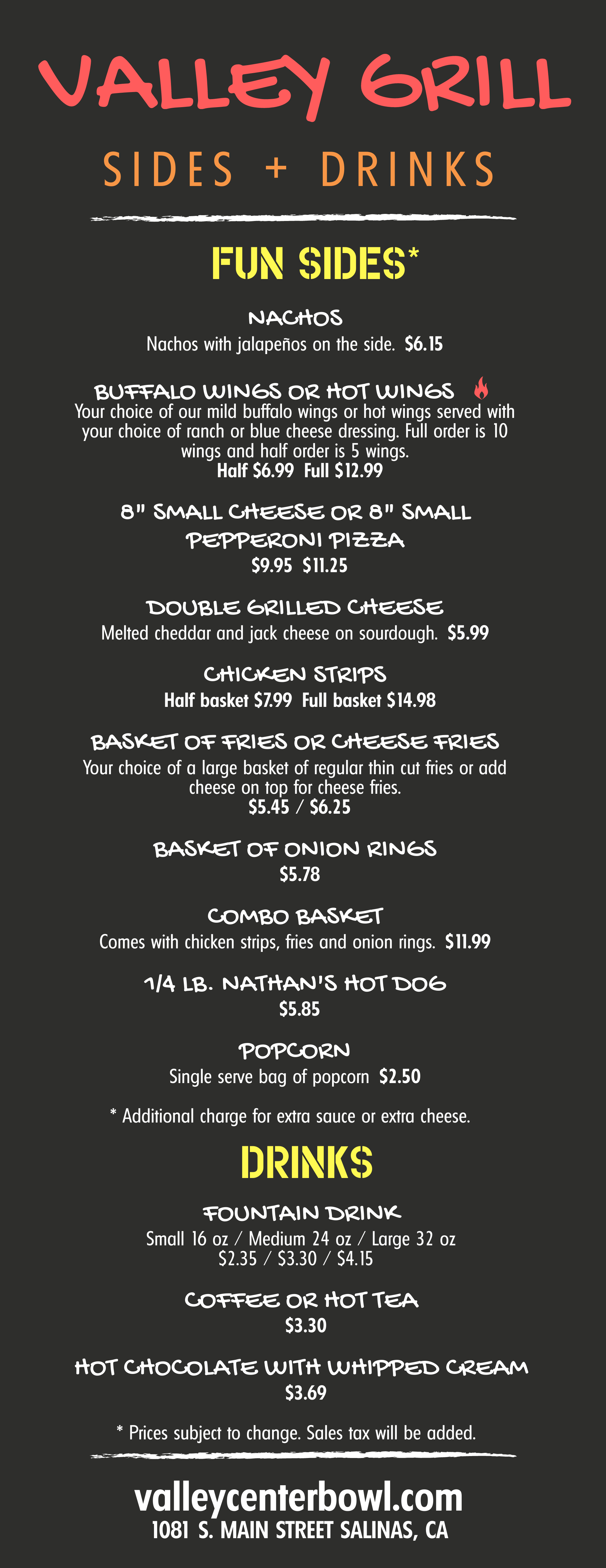Valley Center Grill Menu - Bowling Alley Salinas, California